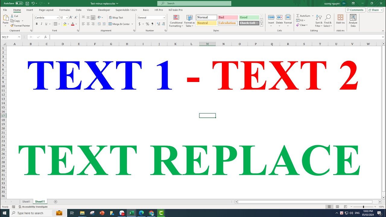 Trừ 2 chuỗi văn bản trong Excel(Text minus, Text replace) - YouTube