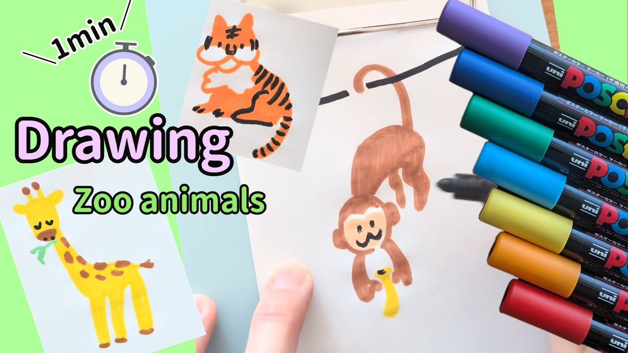 [ASMR] Drawing Zoo animals in 1 min each | Posca Sounds - YouTube