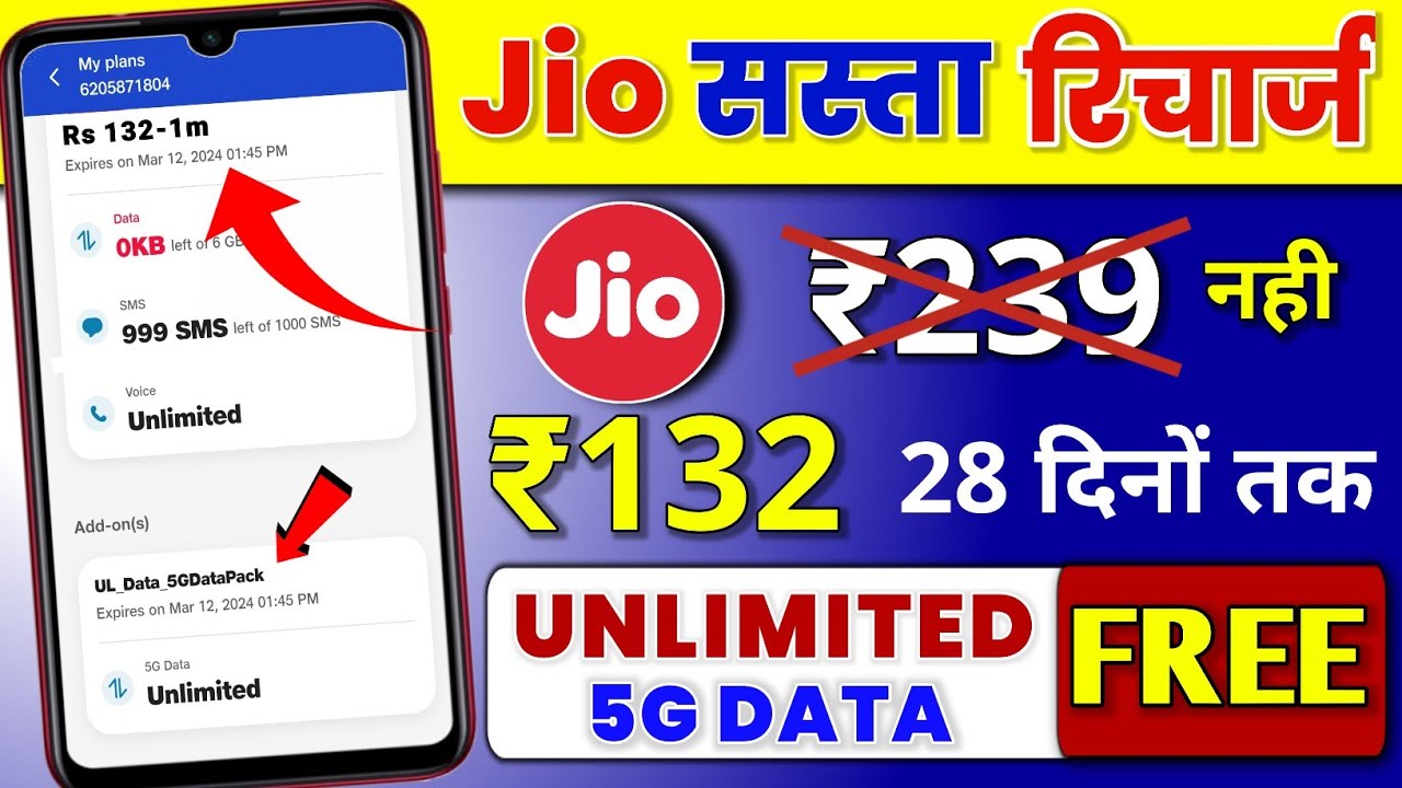 Jio सस्ता रिचार्ज | Jio सिर्फ ₹132 में Free Unlimited 5g Data 28 Days | Jio New Recharge Plan ...