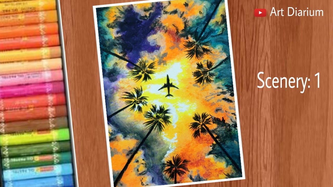 Two Sunset Scenery Drawings with Oil Pastel / Airplane Scenery for ...