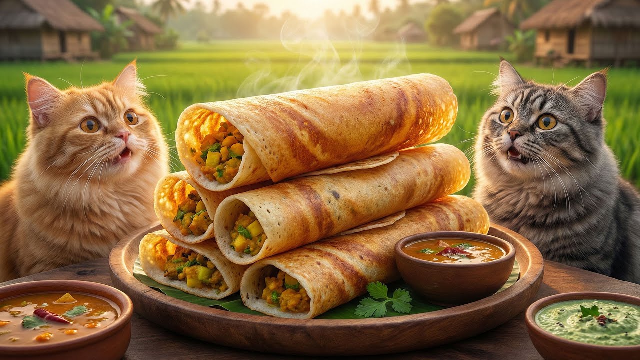 Fluffy Cat Chef Makes Crispy Masala Dosa 🐾Huge Dosa Feast for Cute ...