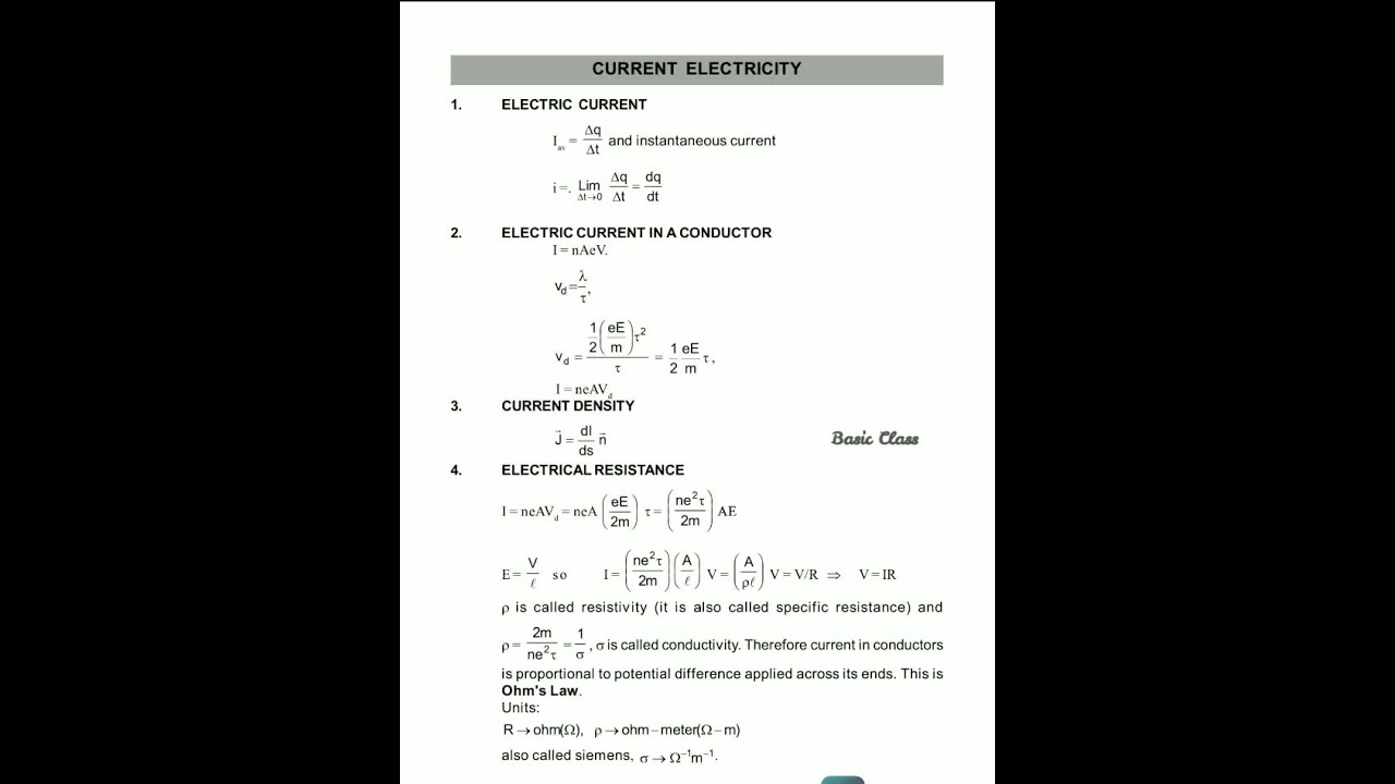 Current Electricity Formulas | Physics Formulas by Basic Class @Basic ...