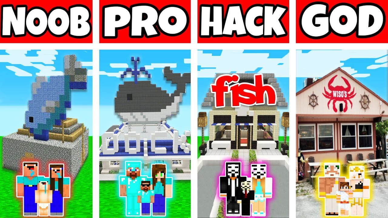 Minecraft: FAMILY FISH RESTAURANT BUILD CHALLENGE - NOOB vs PRO vs ...