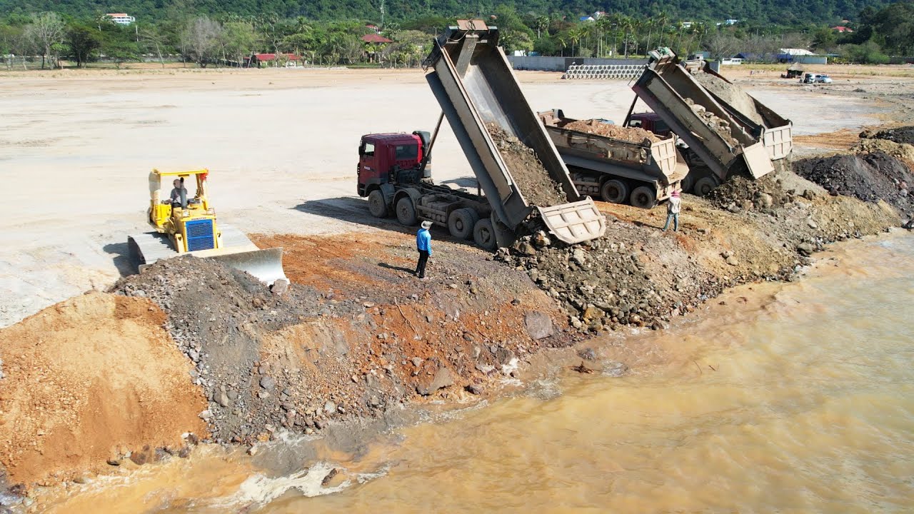 Beach Filling Big Project! Bulldozer ,Dump Truck Working Drop Down Rock ...