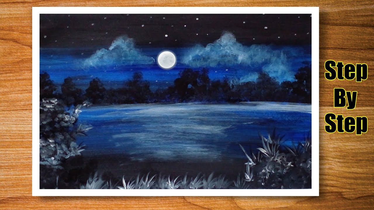 Acrylic painting of Moonlight Night Sky landscape Step By Step Easy ...