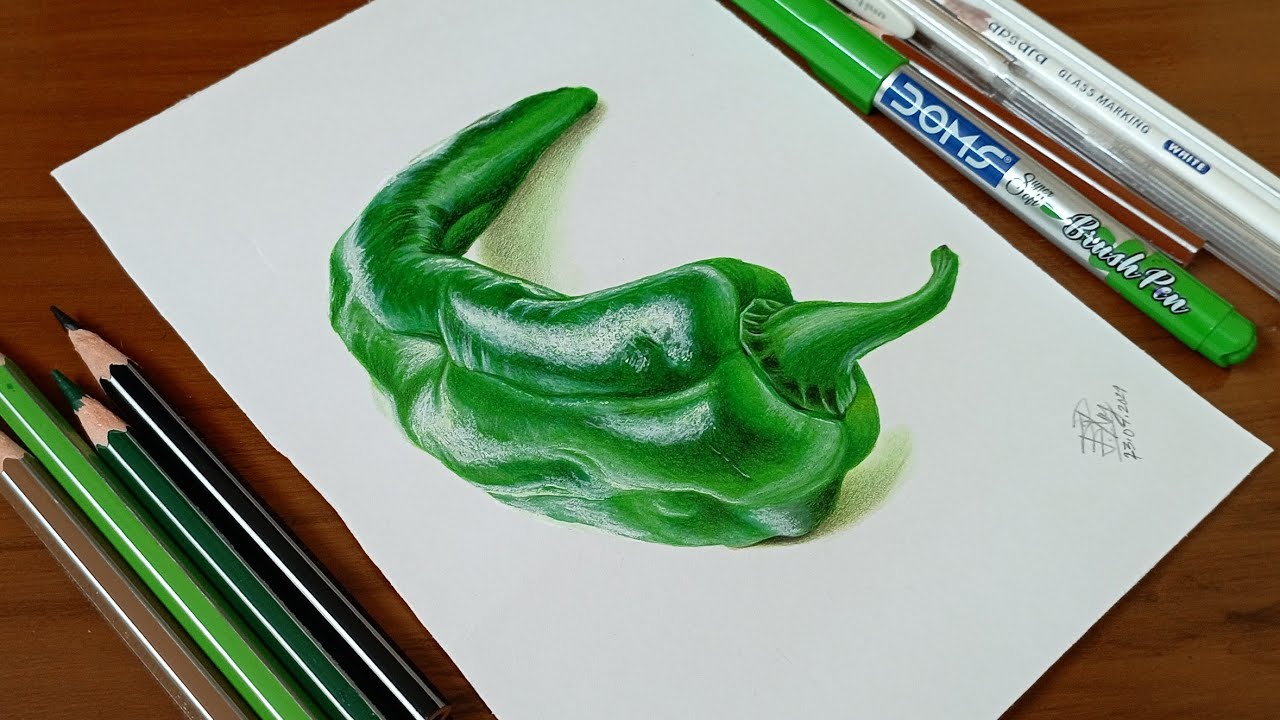 Realistic Colour Pencil & Brush Pen Drawing "Mirchi" Tutorial in ...