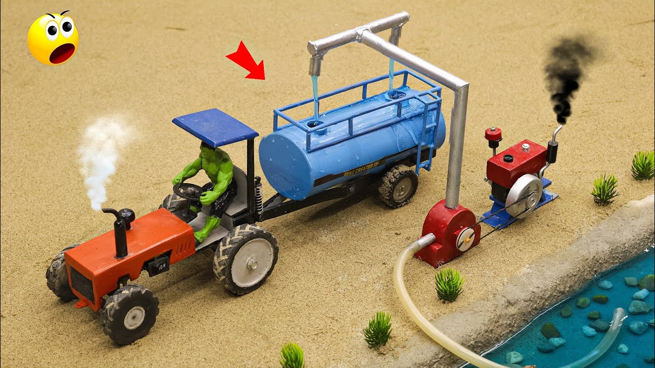 diy tractor Filling water by water tanker using double motor pump ...