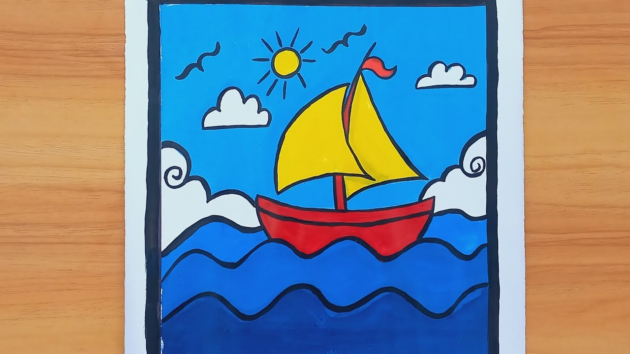 How to draw easy landscape with boat and waves || step by step ...