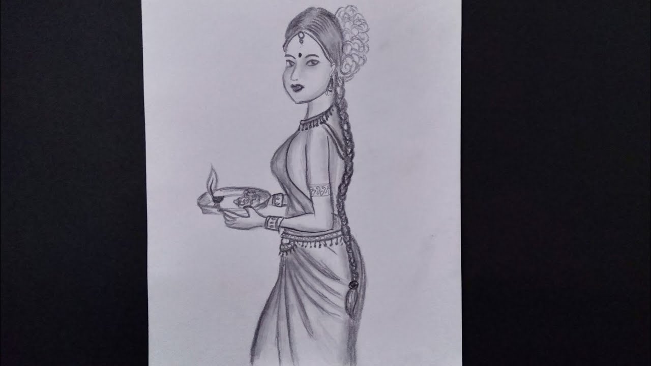How to Draw a Lady Holding a Pooja Thali | How to Draw a Lady Holding ...