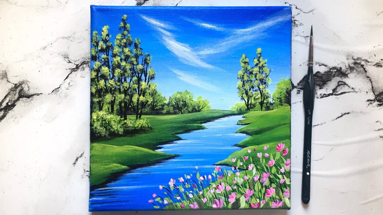 Calm River Landscape painting for beginners | Acrylic Painting | Canvas ...