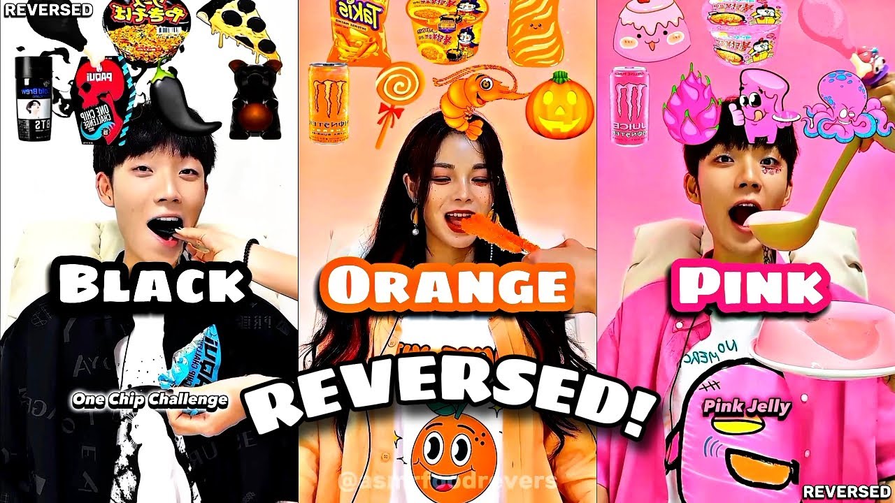 REVERSED | Random Color Food MUKBANG🔥 02| Black💀 Orange🎃 Pink🦑 #cure ...