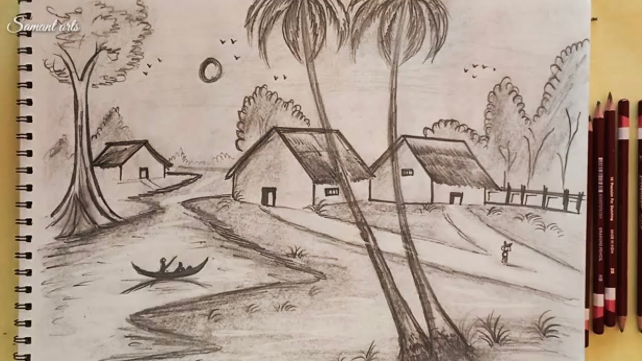 How to draw a beautiful scenery with pencil shading #scenery #drawing ...