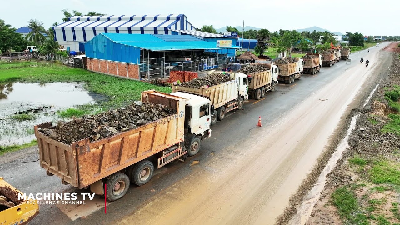 New Update Road Foundation Construction Project Dump Truck Dumping ...