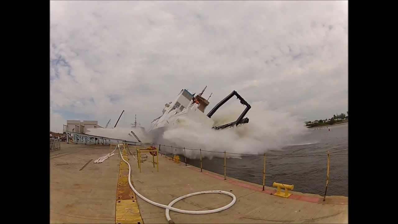 Ship Launch Result in a big wave hitting Cameraman - YouTube