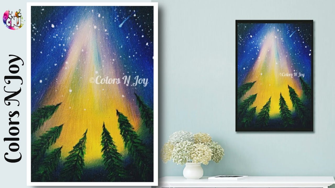Night Sky Landscape Painting | Starry Night Trees using Acrylic Colors ...