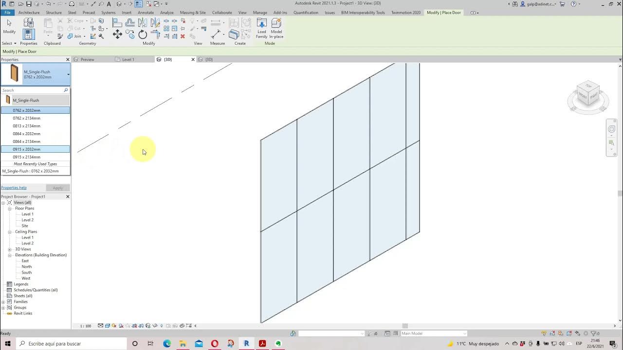 Insertar una puerta en un muro cortina (curtain wall) en Revit - YouTube