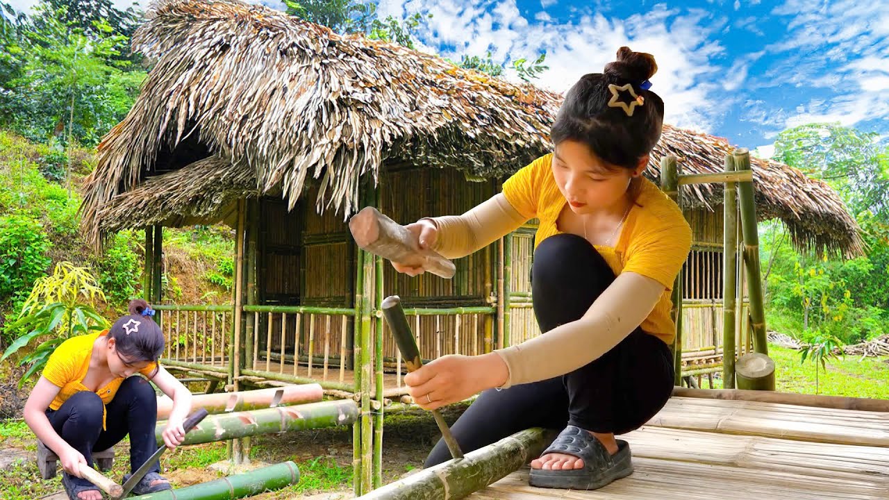 The 16 year old poor girl build bamboo house, Make stairs, bamboo walls ...