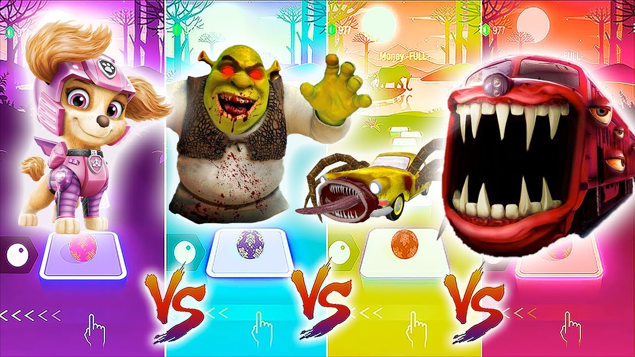 Paw Patrol Mighty Movie Skye vs Shrek Exe vs Car Mcqueen Eater vs Train ...