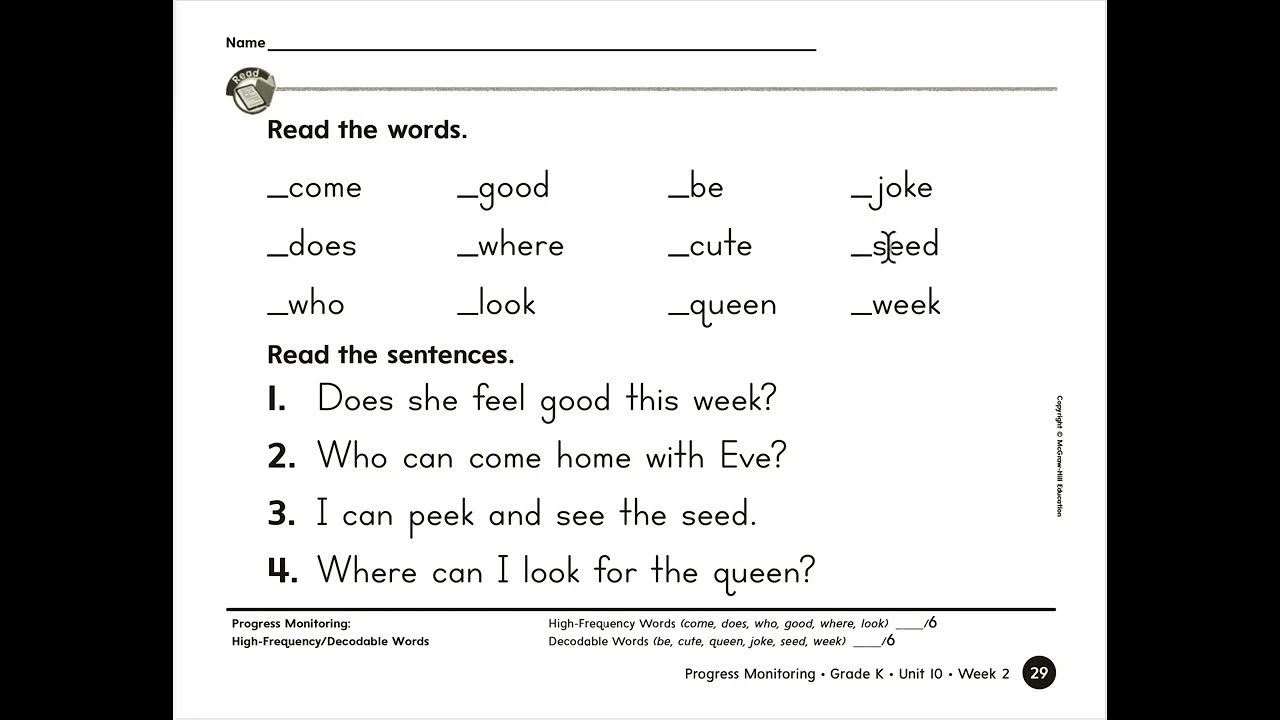 KINDERGARTEN MGH WONDERS UNIT 10 WEEK 2 PROGRESS MONITORING - YouTube