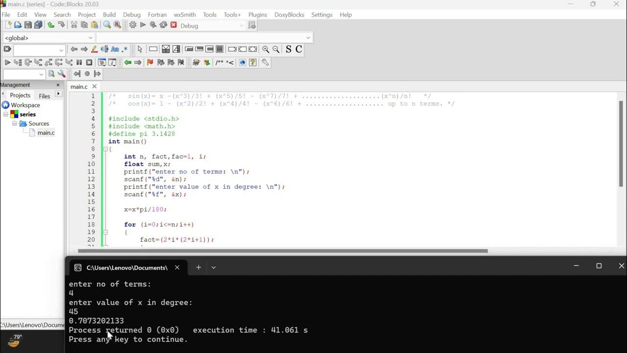 C program to compute sine series and cosine series - YouTube