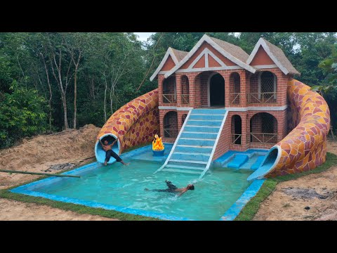 100Days  Building Underground two-story House with water Slide To Swimming Pool