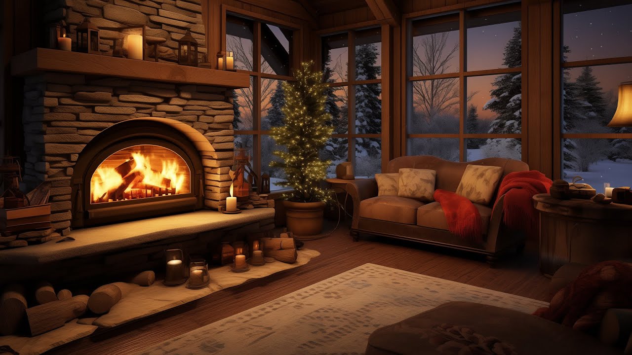 Cozy Winter Ambience - Relaxing Fireplace Crackling, Blizzard, Wind and ...