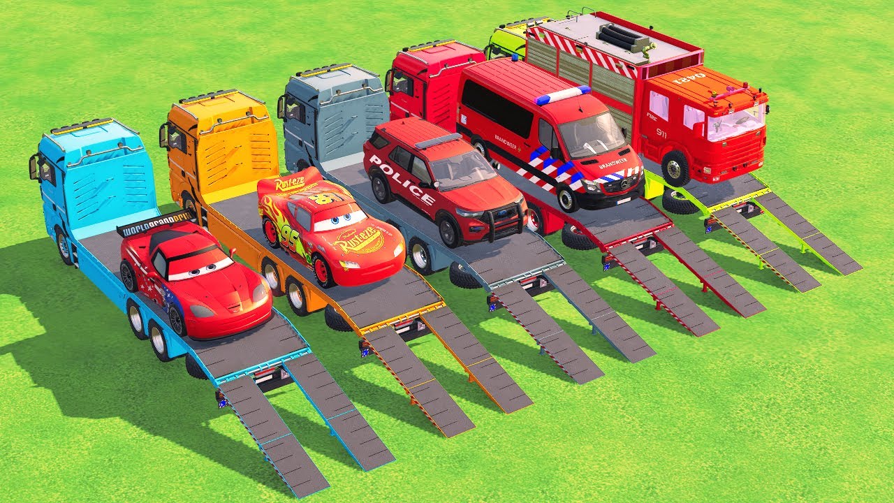 TRANSPORTING RED COLOR MCQUEEN,POLICE CARS,AMBULANCE EMERGENCY AND FIRE ...
