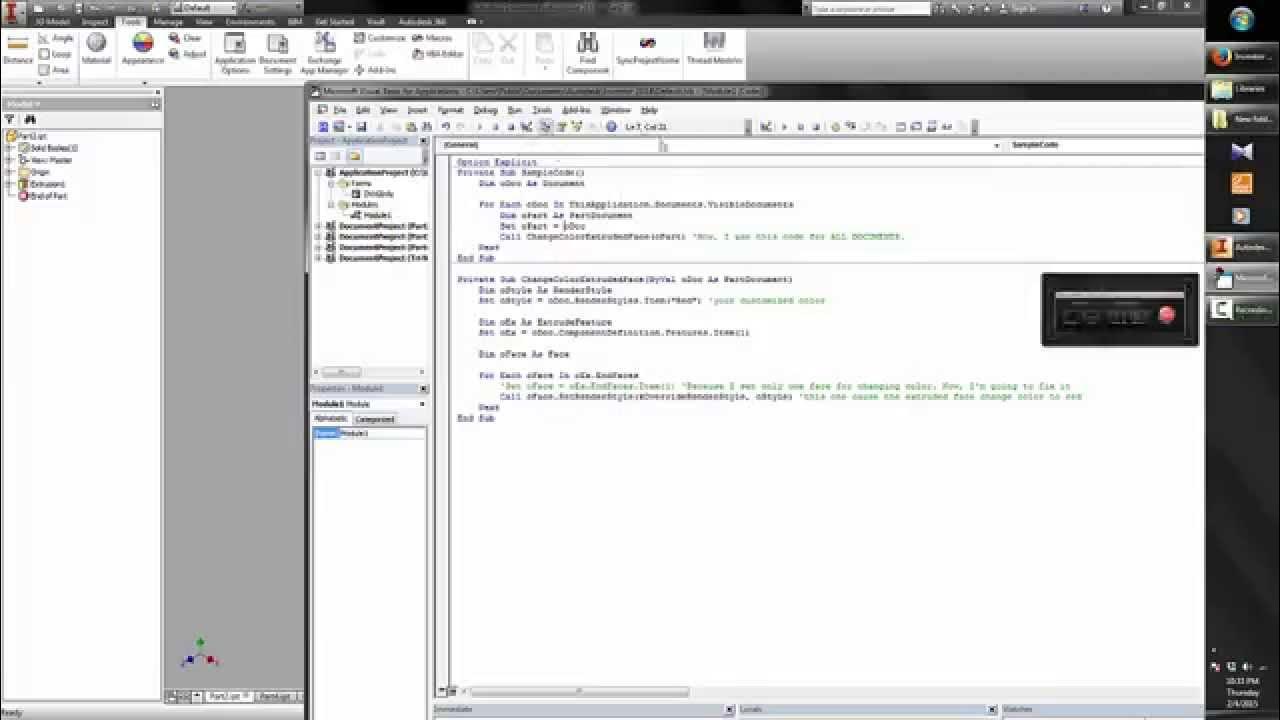 Inventor VBA - Unit 1: Sample code: change extruded face's color - YouTube