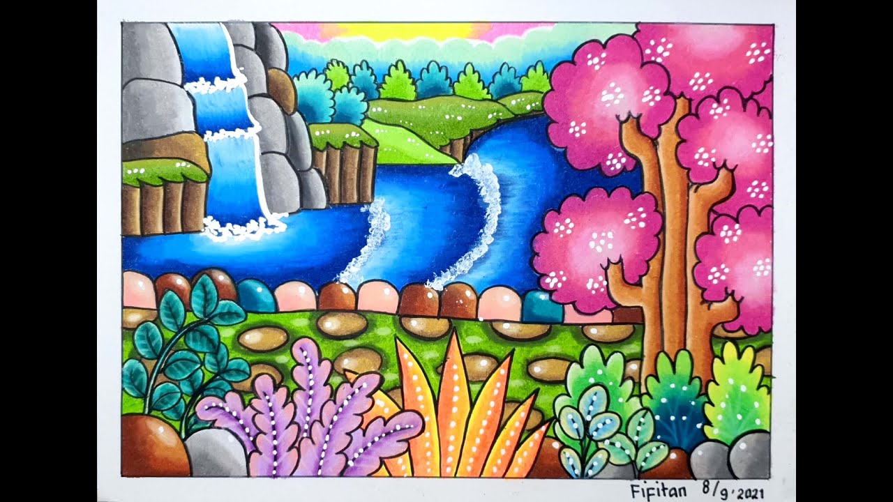 Cara Menggambar Pemandangan Air Terjun Yang Mudah Cara Gradasi Warna