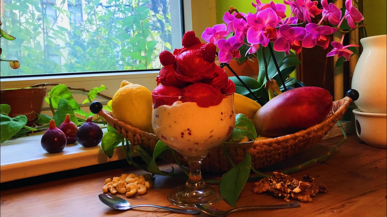 Raspberry Mango Sorbet on Walnut Fig Raspberries with Lemony Banana ...