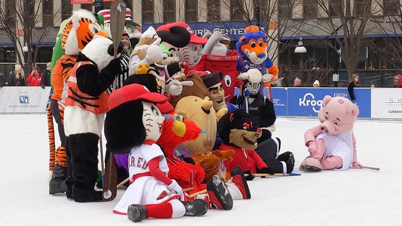 Mascot Broom Ball at Fountain Square Ice Rink - Family Adventures - YouTube