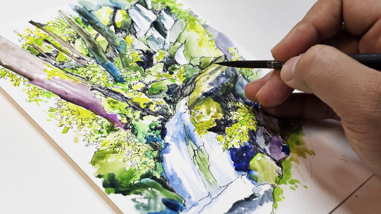 Loose Waterfall Scenery with Ink and Watercolor - YouTube