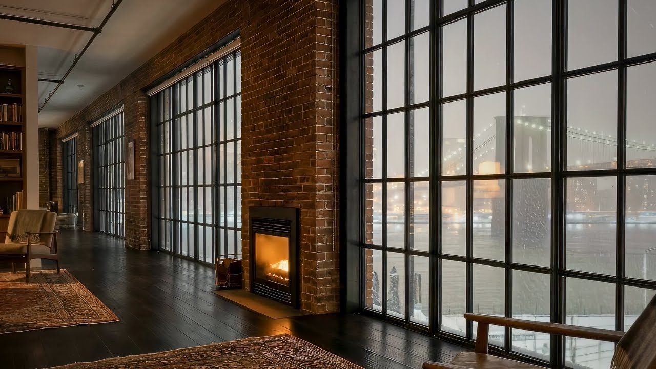 Winter Night in a Brooklyn Loft | Cozy Fireplace & Snow Ambience (10 ...