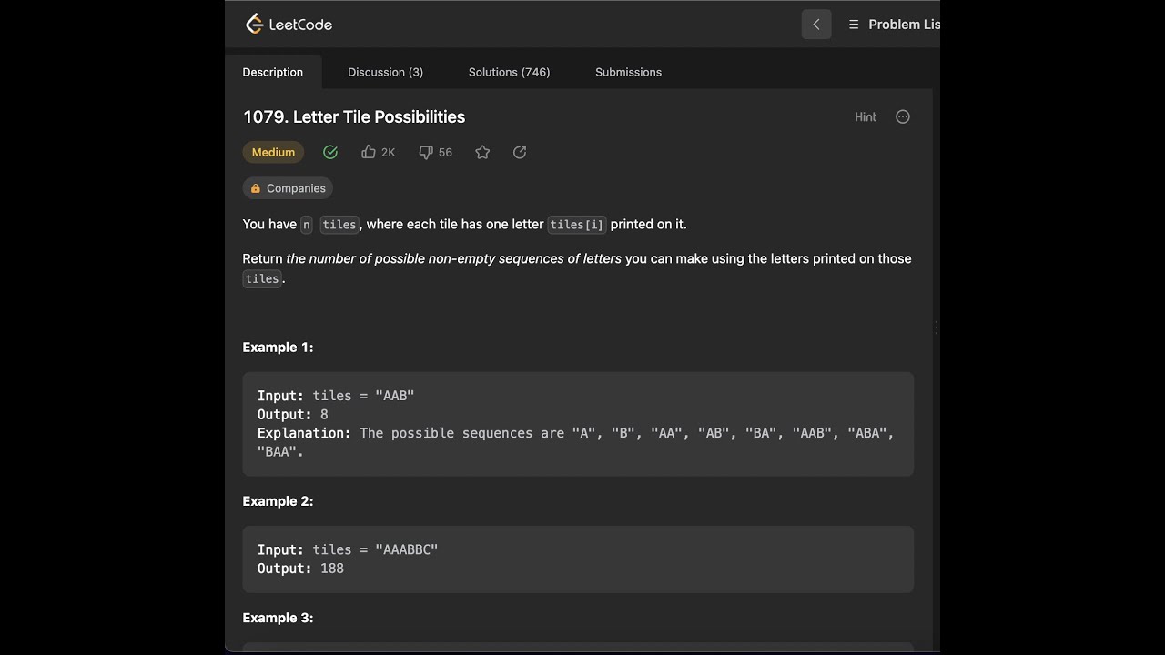 Letter Tile Possibilities Leetcode Swift Dsalgo Backtracking Youtube