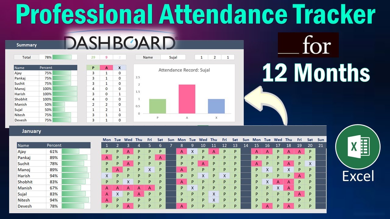 A Professional Attendance Tracker for 12 Months in Excel | Attendance ...