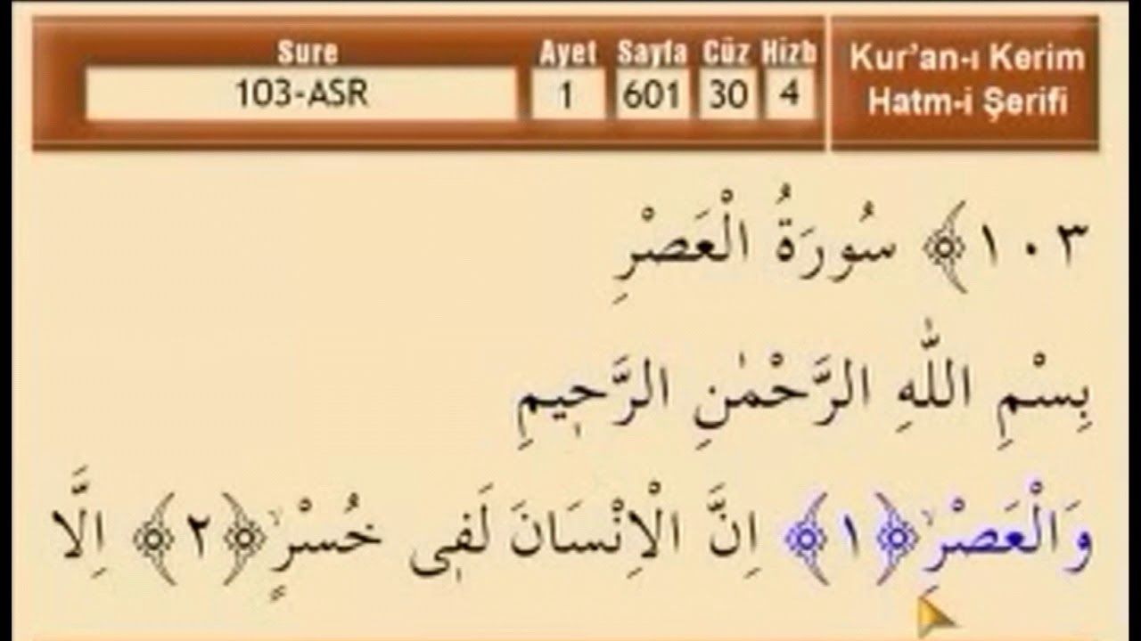 Asr suresi ve Turkce meali Mehmet emin ay