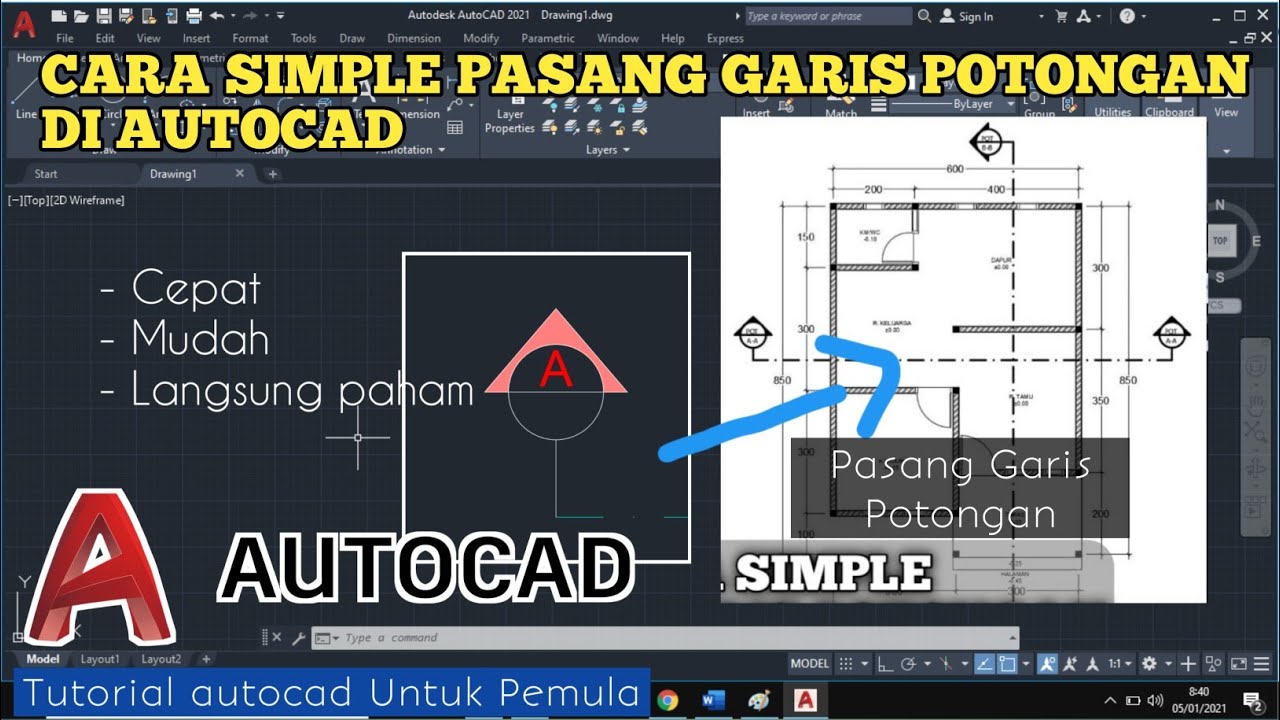 cara membuat garis potongan di autocad - garis potong - YouTube