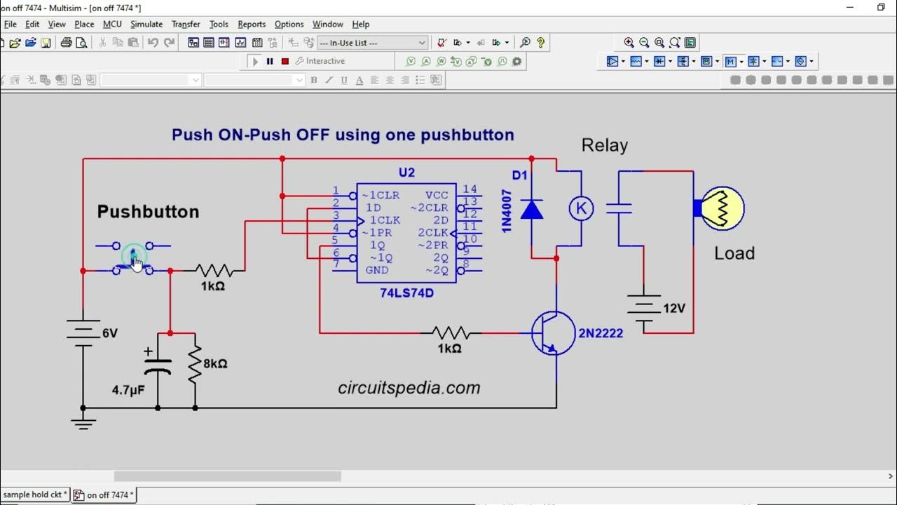 One pushbutton on off relay switch circuit. | ON-OFF using single push button switch simulation ...