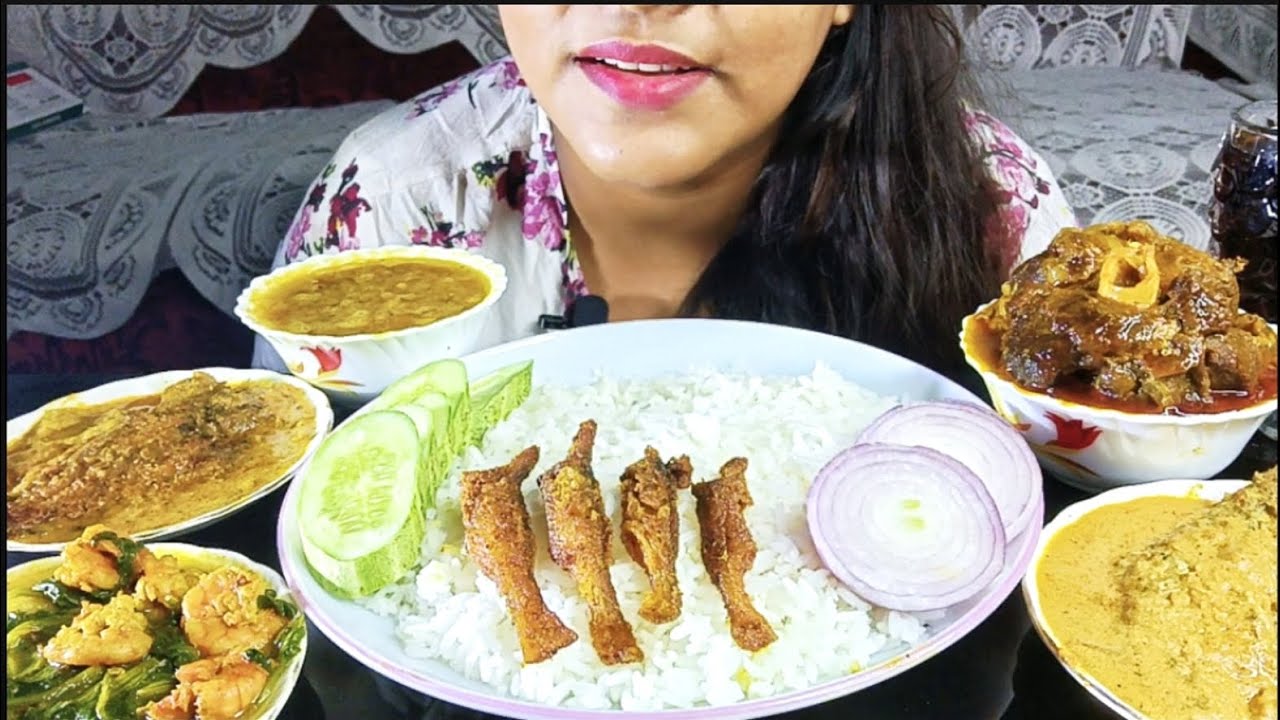 Eating Spicy Mutton Curry and 4 types of Fish...ASMR MUKBANG EATING ...