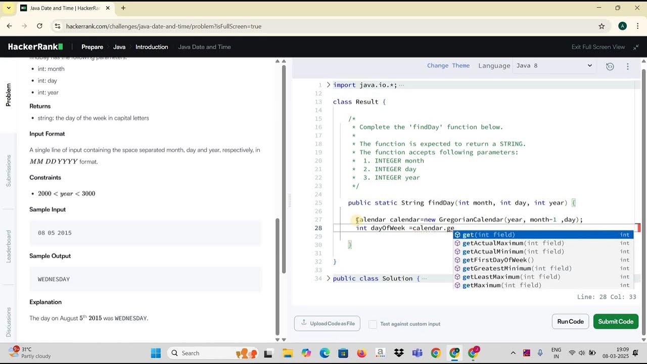 HackerRank Problem -12 Solution | "Java Date and Time” - YouTube