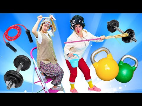 Komik video. Reyhan abla temizlik ve spor yapıyor! Eğlenceli oyun