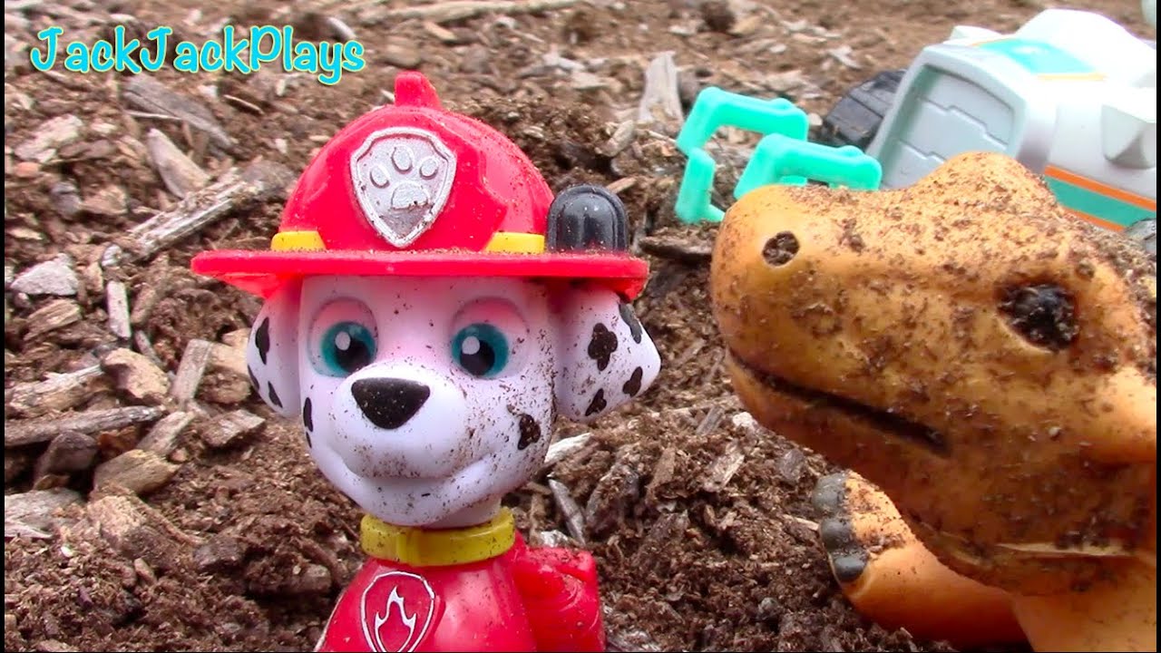 Paw Patrol Toy Trucks Digging Sliding Playing: Marshall Rubble Dinosaur ...