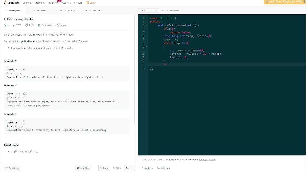LeetCode | 9 . Palindrome Number | C++ Solution - YouTube