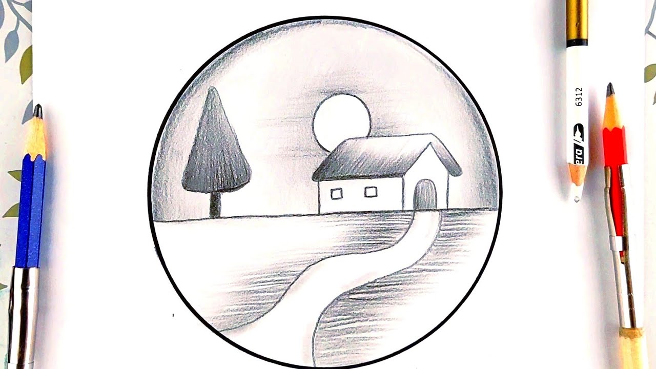 Landscape drawing, how to draw a nice 🏠, easy sketching with pencil ...