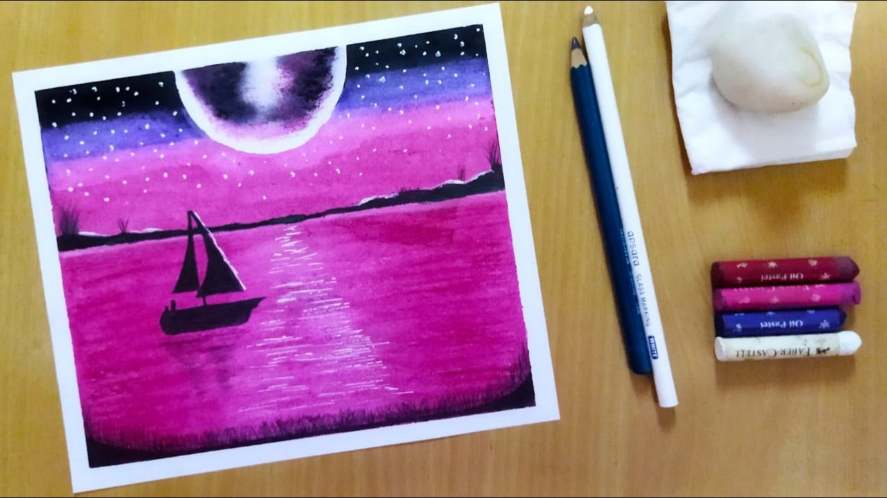 Drawing an easy pink scenery with a moon using oil pastel/The jungle ...