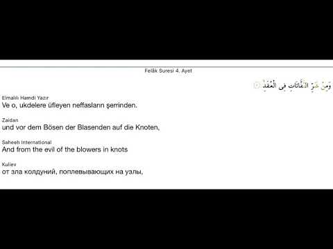 Felak suresi Türkçe, İngilizce, Almanca ve Rusça tercümesi ile birlikte
