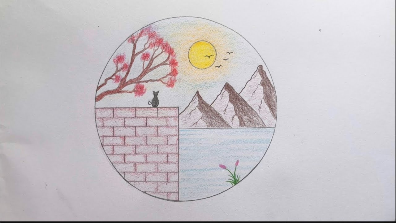 How to draw beautiful scenery with pencil colours || Draw cat setting ...
