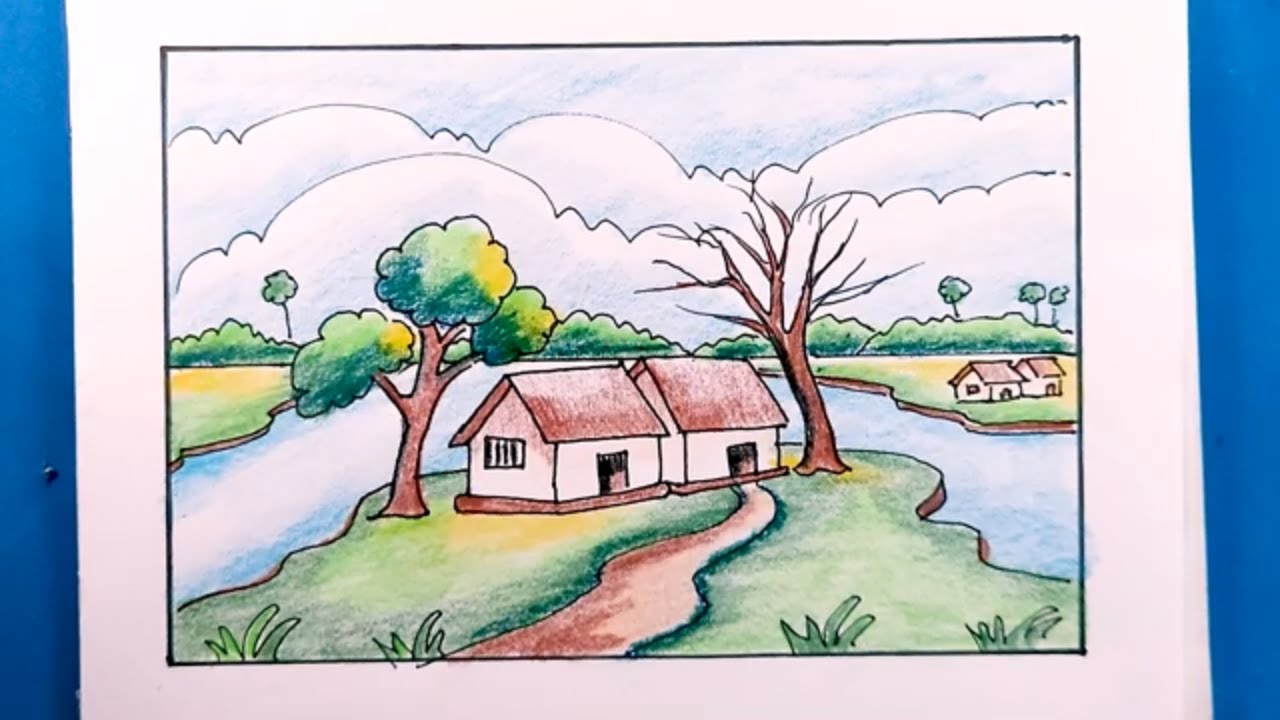 how to draw easy scenery/draw a simple scenery with color - YouTube