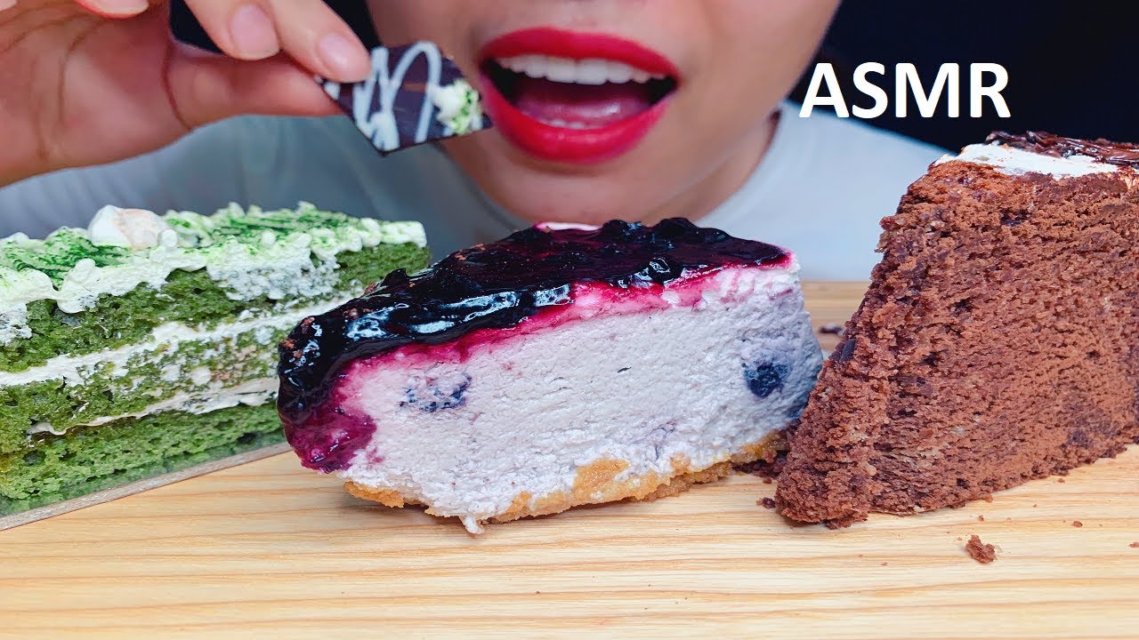 ASMR CHOCOLATE CAKE, GREEN TEA, BLUEBERRY MOUSSE CAKE(EATING SOUNDS)|DO ...