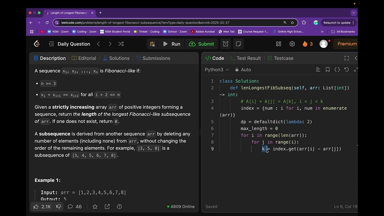 Length of Longest Fibonacci Subsequence - Leetcode 873 - YouTube